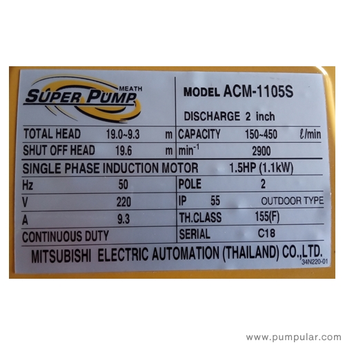 Mitsubishi ACM-1105S 1.5HP 1PH 220V Medium Head Centrifugal Pump ...